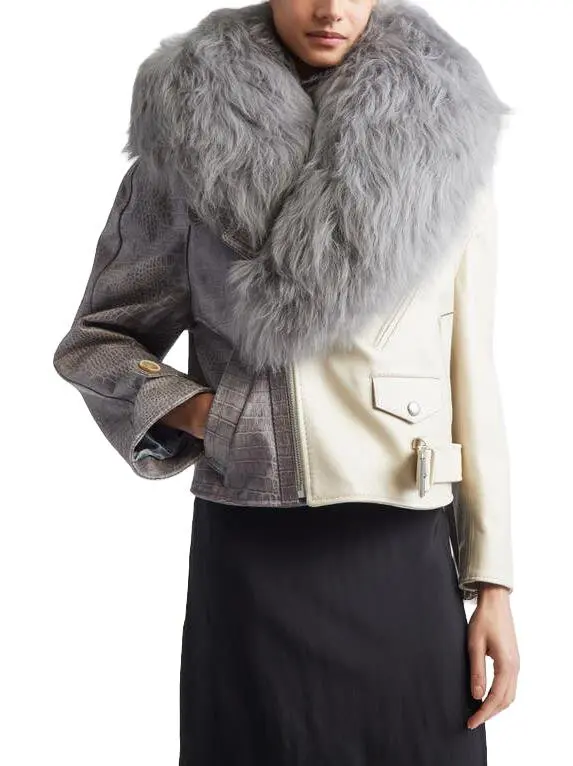 Marni Leather Biker Jacket With Shearling Collar - Pearl