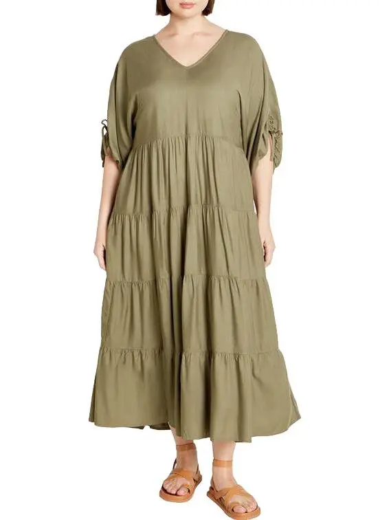 City Chic Tiered Maxi Dress - Khaki