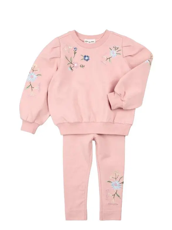 MILES THE LABEL Floral Embroidered Sweatshirt And Leggings Set - Light Pink