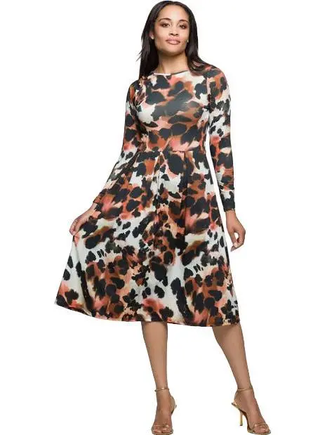 24SEVEN COMFORT APPAREL Animal Print Long Sleeve Midi Dress - Brown Multi