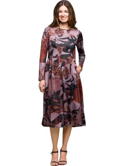 24SEVEN COMFORT APPAREL Floral Print Fit & Flare Midi Dress - Gray Multi