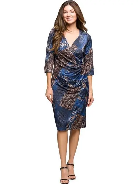 24SEVEN COMFORT APPAREL Faux Wrap Animal Print Dress - Blue Multi