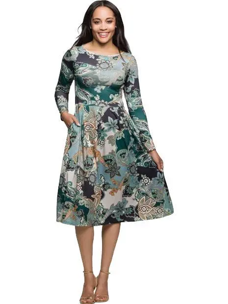 24SEVEN COMFORT APPAREL Long Sleeve Paisley Floral Print Midi Dress - Green Multi