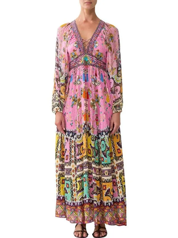 Camilla Lace Up Front Long Dress - Patchwork Panorama
