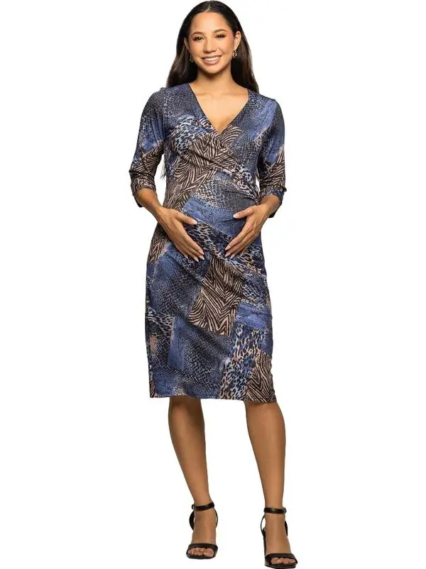 24SEVEN COMFORT APPAREL Three Quarter Sleeve Faux Wrap Dress - Blue Multi