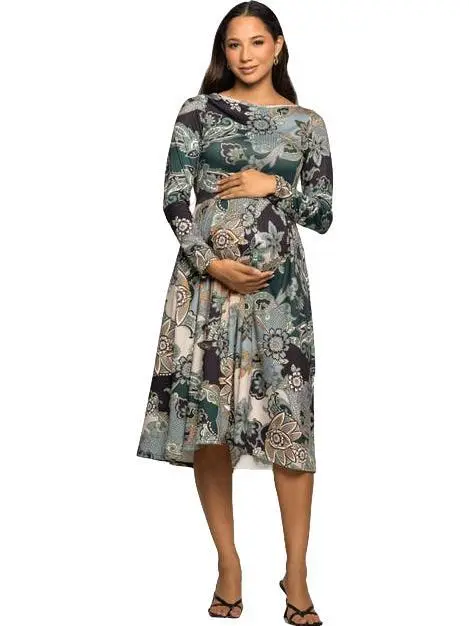 24SEVEN COMFORT APPAREL Long Sleeve Paisley Floral Print Maternity Midi Dress - Green Multi