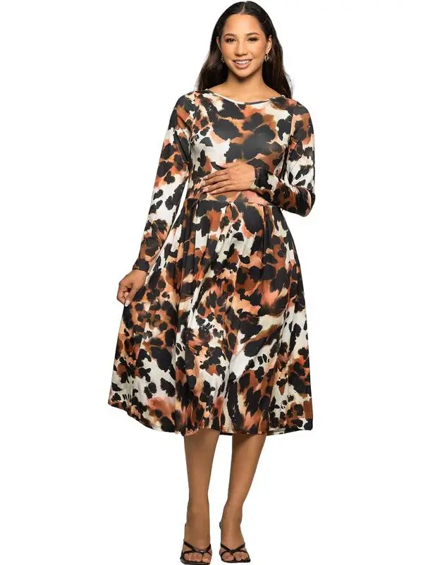 24SEVEN COMFORT APPAREL Animal Print Maternity Midi Dress - Brown Multi