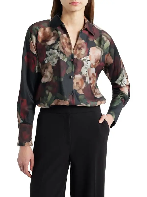 Halogen Floral Print Button-up Shirt - Rich Black