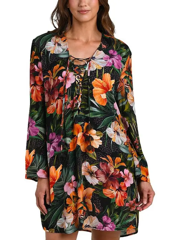 La Blanca Tropical Print Lace-up Tunic Swim Cover-up - Multi