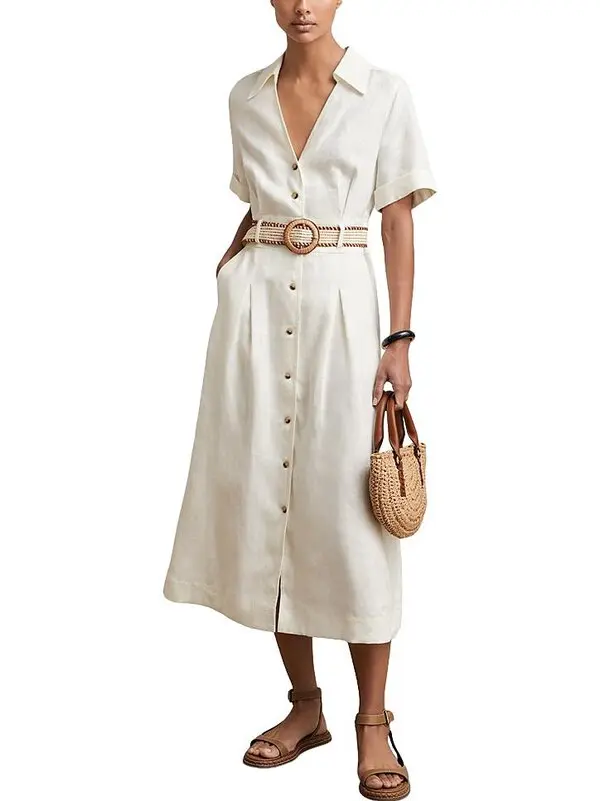 REISS Belted Linen Shirt Dress - Ivory