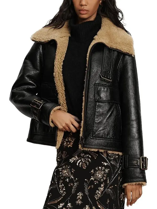 Veronica Beard Danika Leather Shearling Jacket - Shiny Black