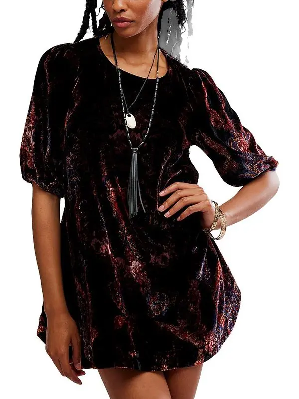 Free People Maye Printed Velvet Tunic Dress - Dark Black