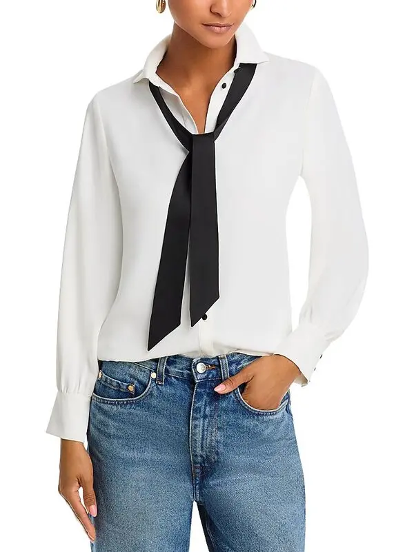 French Connection Quinn Crepe Satin Bow Shirt - White/black