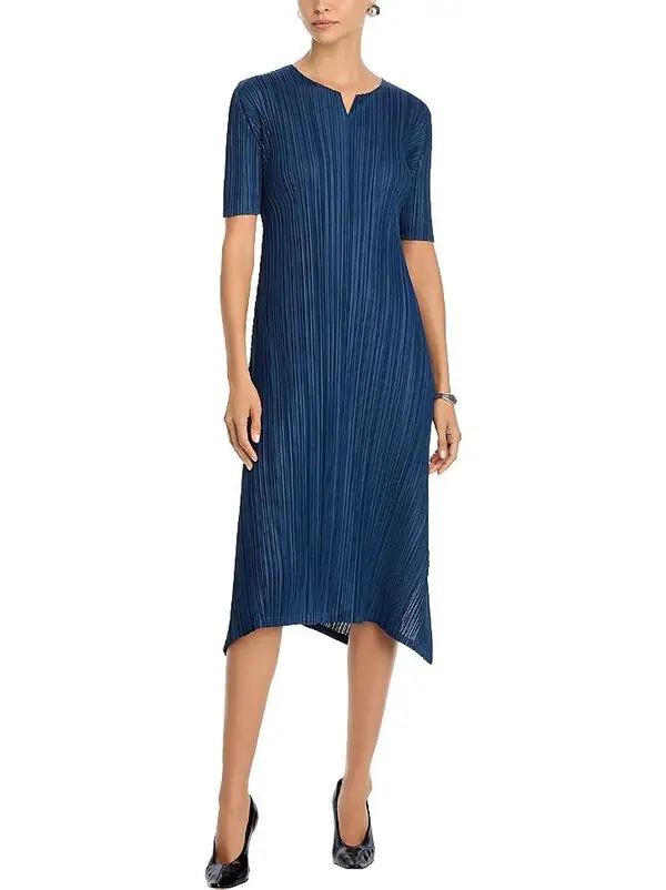 Issey Miyake Pleated Vented Hem Dress - Navy
