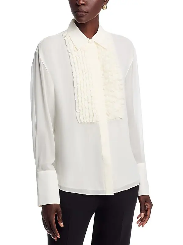 Lafayette 148 New York Silk Ruffle Tuxedo Blouse - Cloud