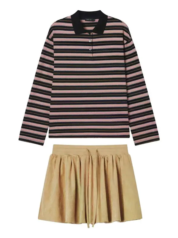 TOUT A COUP Striped Polo Shirt And Mini Skirt Set - Neutrals