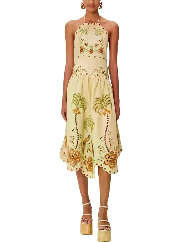 Farm Rio Halter-neck Embroidered Midi Dress - Neutrals