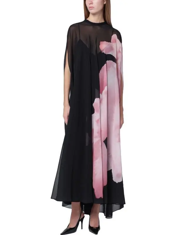 Alberta Ferretti Silk Orchid Print Dress With Cape - Black