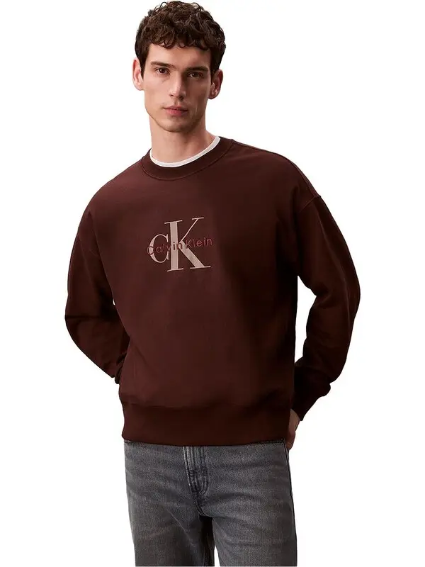 Calvin Klein Premium Terry Monogram Logo Relaxed Sweatshirt - Rich Brown