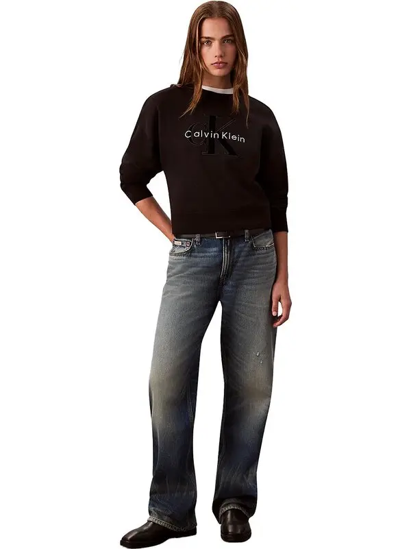 Calvin Klein Fleece Velvet Monologo Graphic Relaxed Sweatshirt - Black