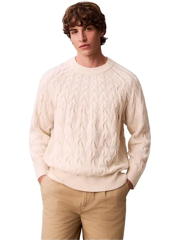 Calvin Klein Lambswool Blend Cable Knit Pullover Sweater - Antique White