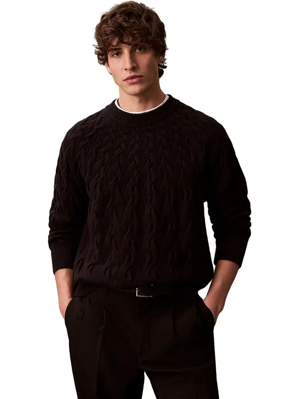 Calvin Klein Lambswool Blend Cable Knit Pullover Sweater - Black