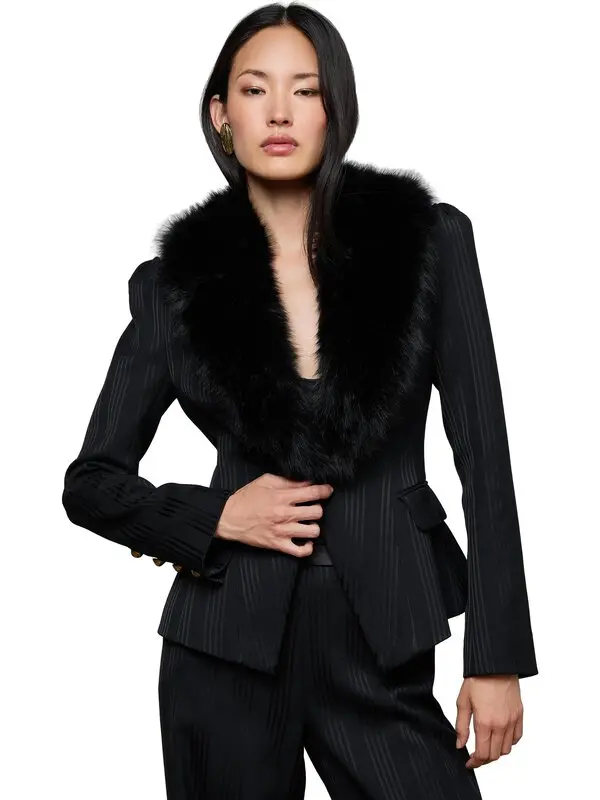 L'Agence Kaisley Blazer With Faux Fur Collar - Black Shadow Stripe
