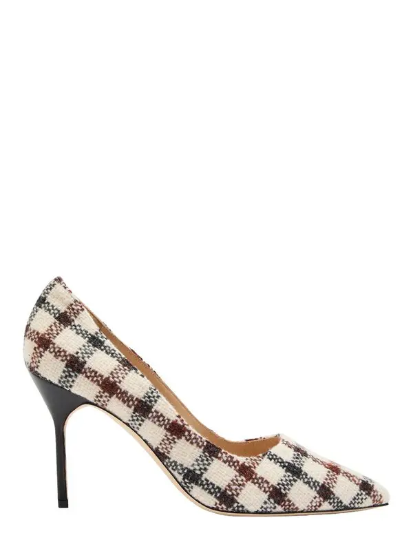 Manolo Blahnik Bb 90 Checked Tweed Leather Pumps - Cream