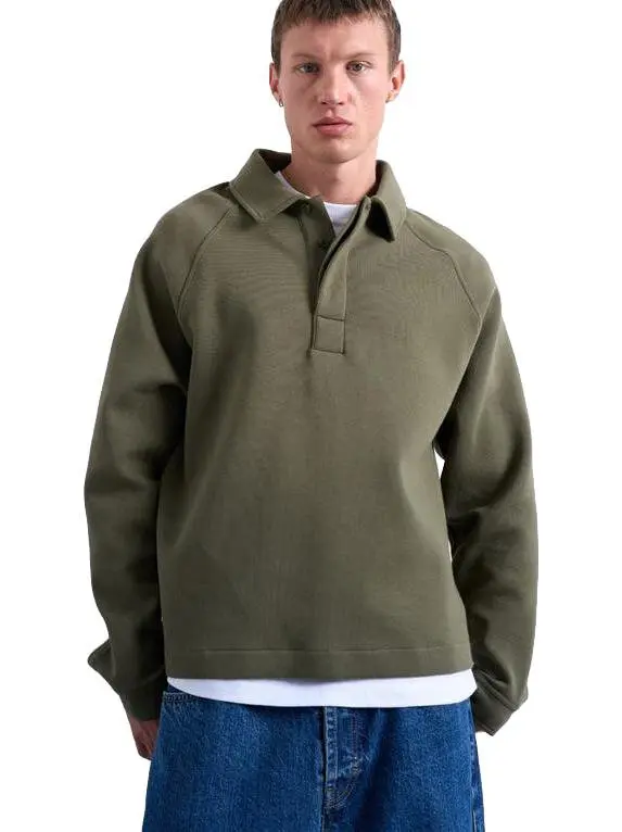 Topman Raglan Sleeve Boxy Cotton Blend Polo Sweatshirt - Khaki