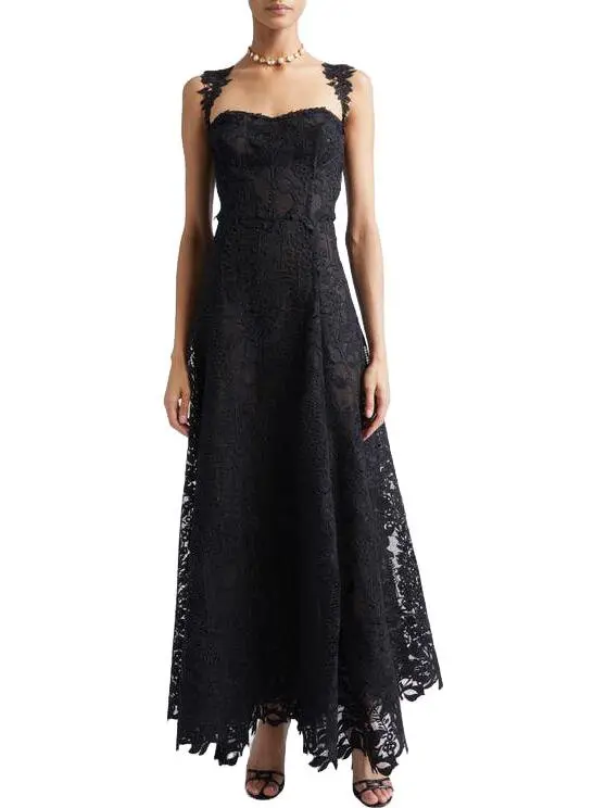 Oscar De La Renta Foxgloves Guipure Lace Gown - Black