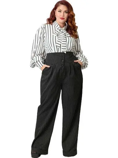 Unique Vintage High-waist Wide Leg Trousers - Black Pinstripe