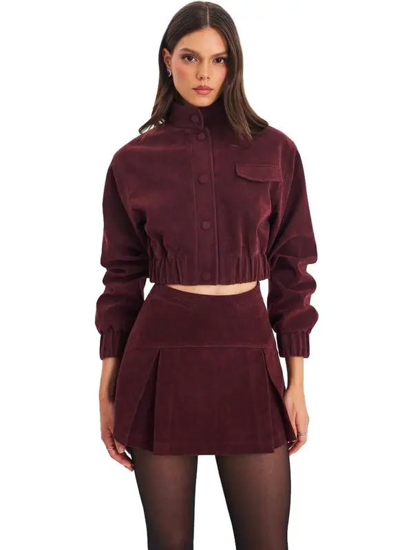 MISS CIRCLE Faryn Vegan Suede Pleated A-line Mini Skirt - Mahogany