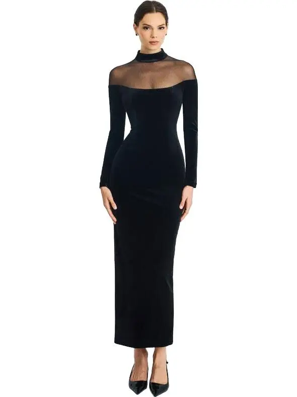 MISS CIRCLE Blair Velvet Maxi Dress With Sheer Mock Neck - Black