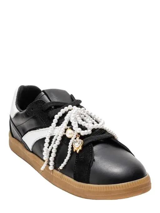 FOREVER & ALWAYS SHOES Taren Leather Pearl Buckle Sneakers - Black Leather