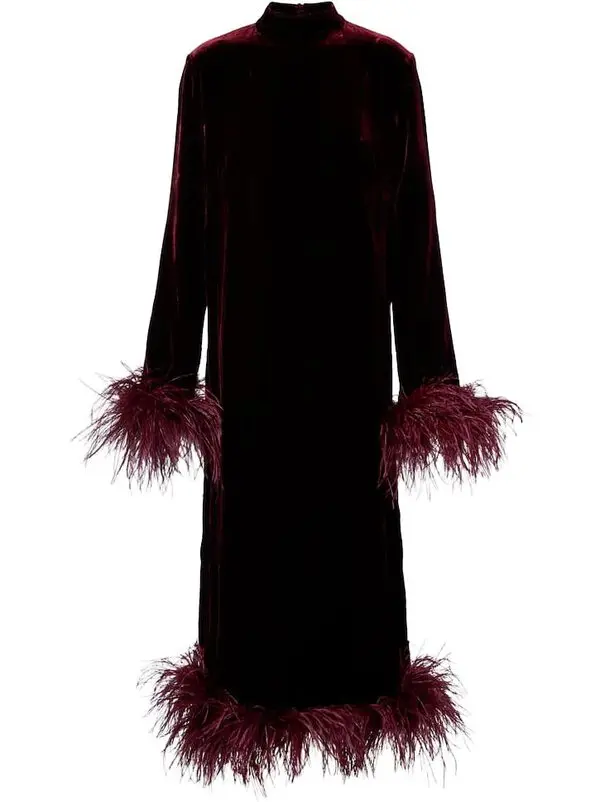 TALLER MARMO Gina Venti Feather-trimmed Midi Dress - Burgundy