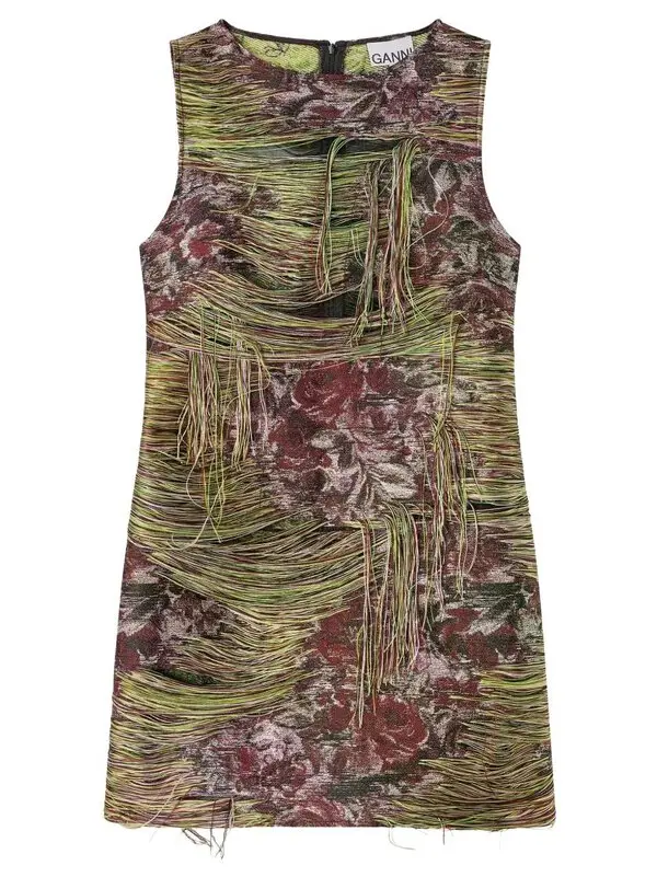 GANNI Tapestry Fringed Mini Dress - Green