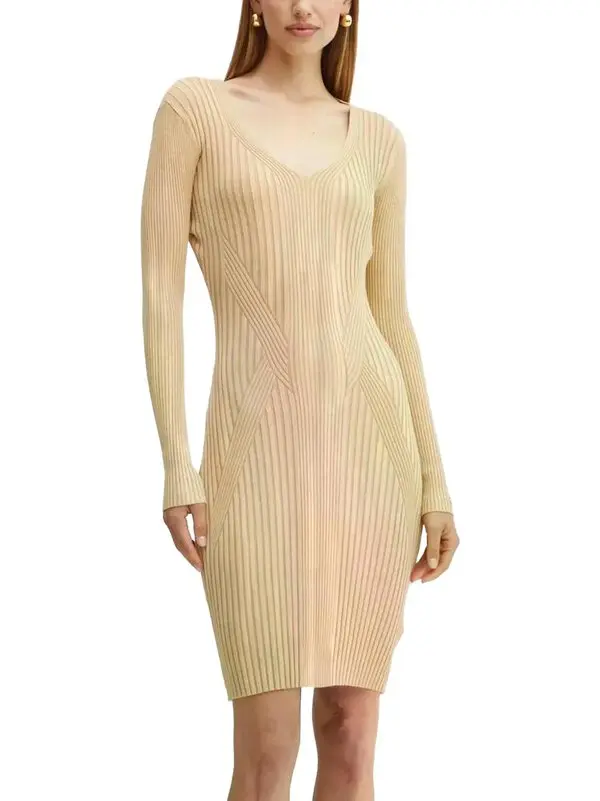 Guess Ribbed V-neck Midi Dress - Neutrals