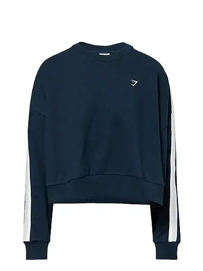 GYMSHARK Piping Midi Crewneck Cotton-jersey Sweatshirt - Dp Petrl/smk Blu/sft Wht