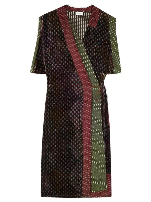 Dries Van Noten Patterned Velvet Wrap Dress - Brown