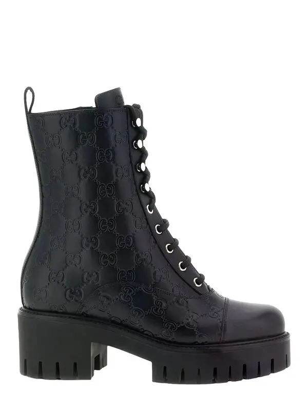 Gucci 60mm Gg Leather Lace-up Boots - Black