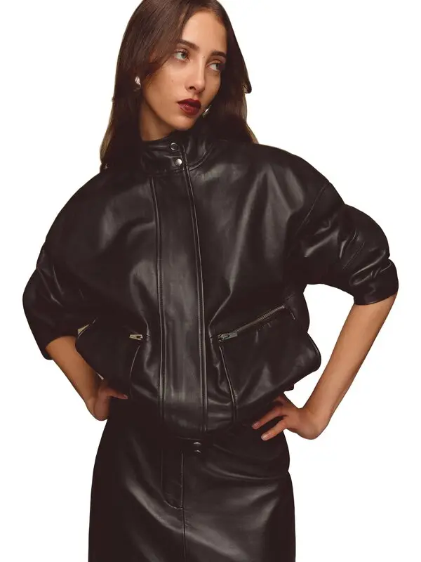 REFORMATION Veda Harrison Leather Oversized Bomber - Black
