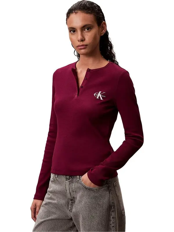 Calvin Klein Monologo Rib Henley T-shirt - Berry Glaze