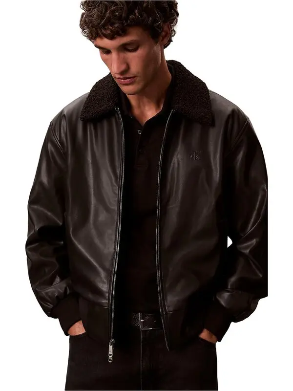 Calvin Klein Faux Leather Sherpa Collar Bomber Jacket - Black