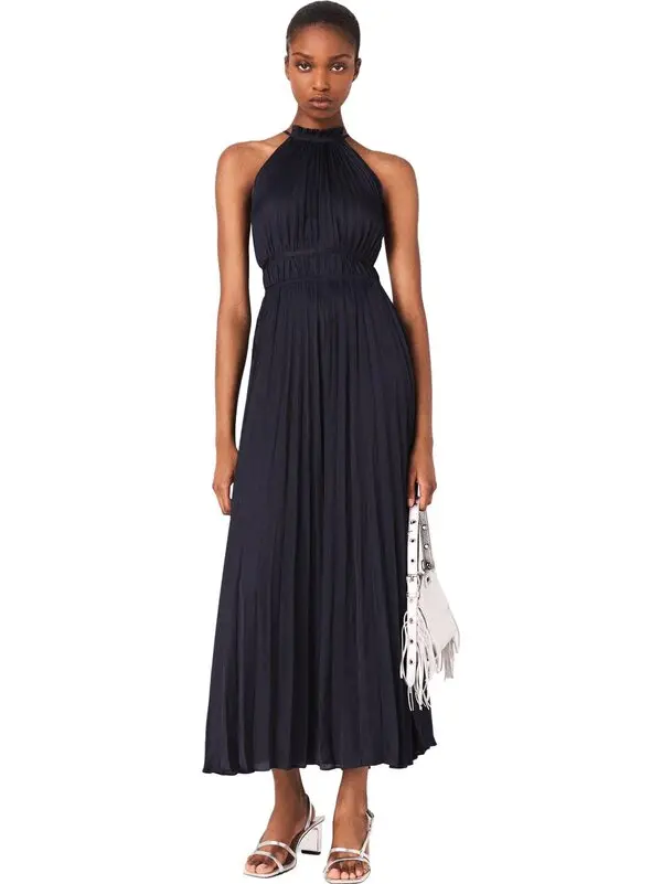 Maje Polyester Pleated Satin Maxi Dress - Navy