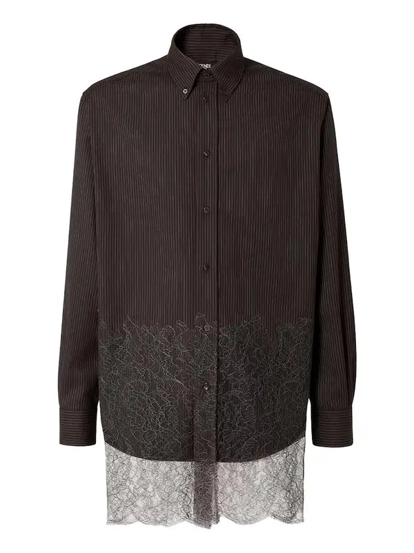 Fendi Pinstriped Wool Shirt With Lace Insert - Brown