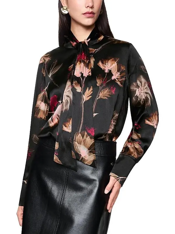 MARC CAIN Floral Print Turtleneck Blouse - Black