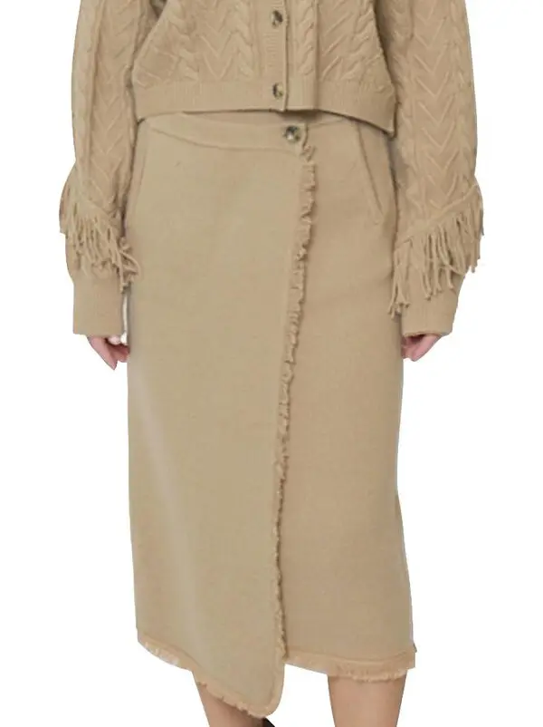 Central Park West Elyse Fringe Asymmetrical Midi Skirt - Camel