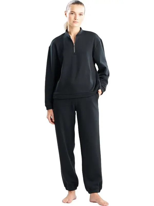 Natori Brushed Knit Quarter-zip Pullover Top - Black