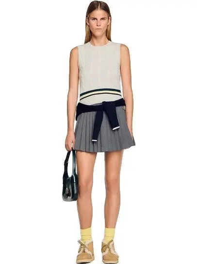 Sandro Virgin Wool Skort With Pleats And Metal Buckles - Black / White / Pink / Gray