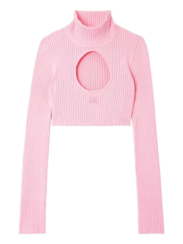 COURREGES Cropped Cutout Ribbed-knit Turtleneck Sweater - Baby Pink